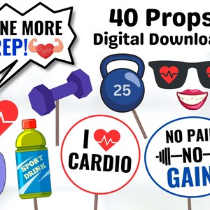 40 Pcs Fitness Gym Photobooth Props Printable, Work Out Photobooth ...