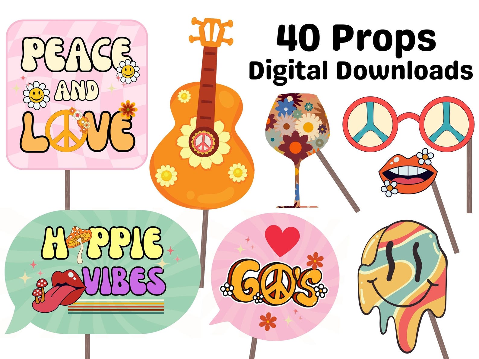 Groovy 60s Party Photo Booth Props: Hippie Theme (printable Digital ...