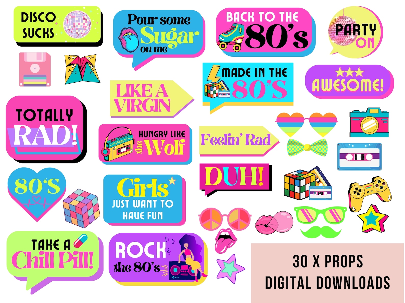 80s Party Photo Booth Props, 80s Photo Booth Props, 80s Party Props ...