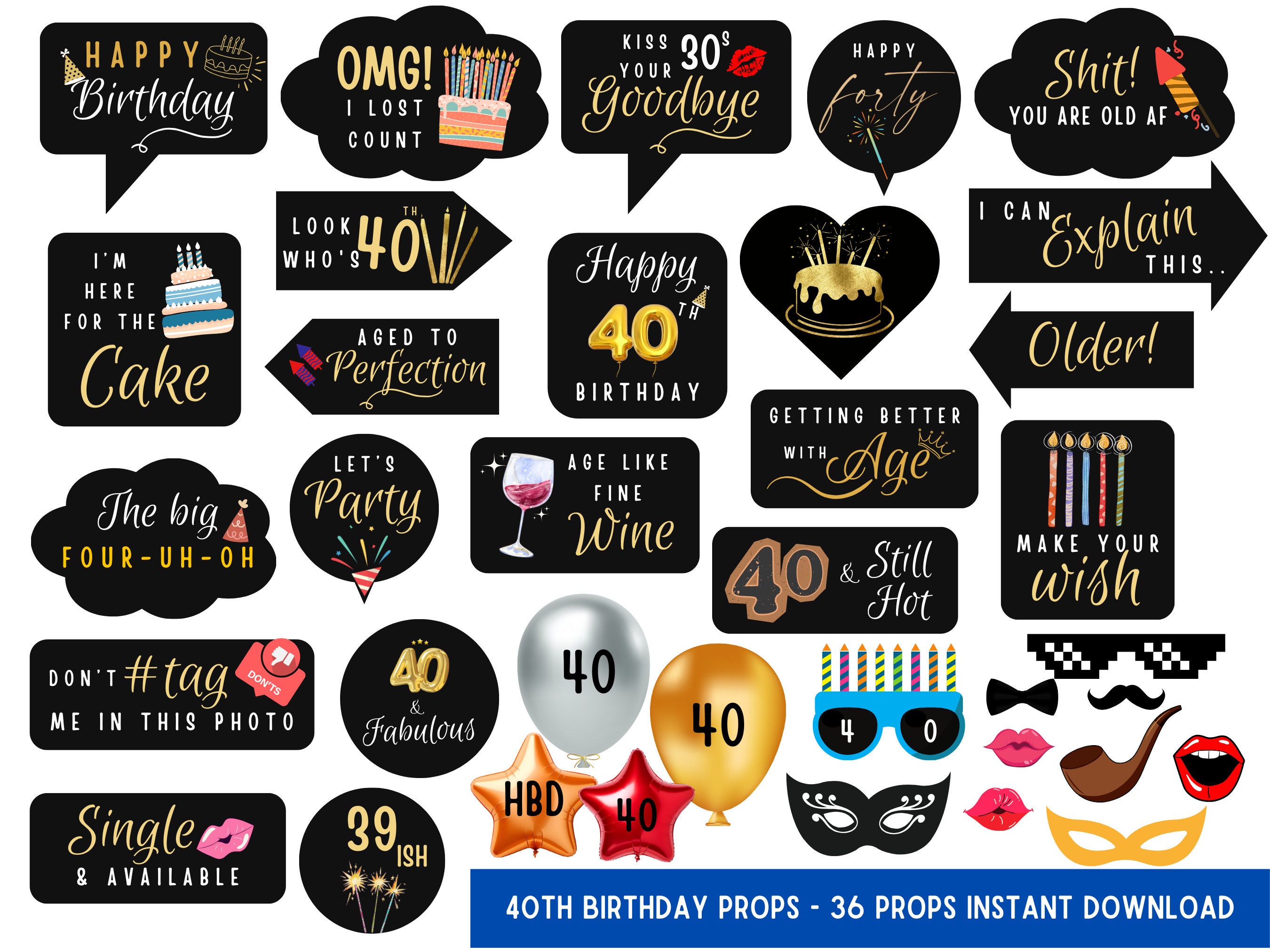 40th Birthday Photo Booth Props: Printable Party Decorations (PDF) - Etsy