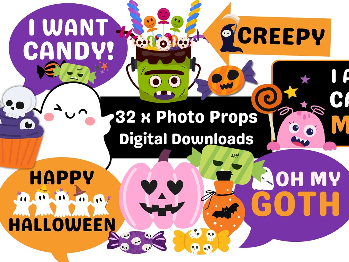 Kids Halloween Photo Props Printable, Cute Kids Halloween Photo Booth ...