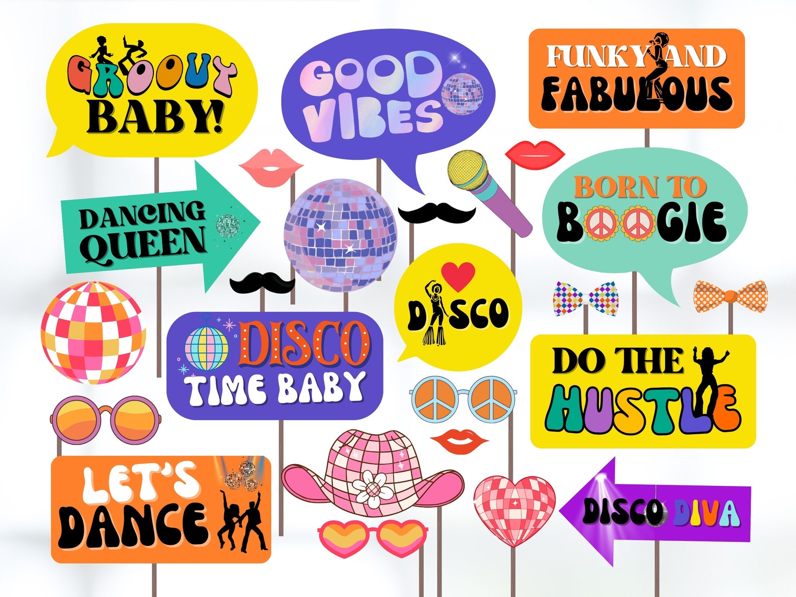 Disco Party Photo Booth Props, 70's Disco Party Props, Disco Photo ...