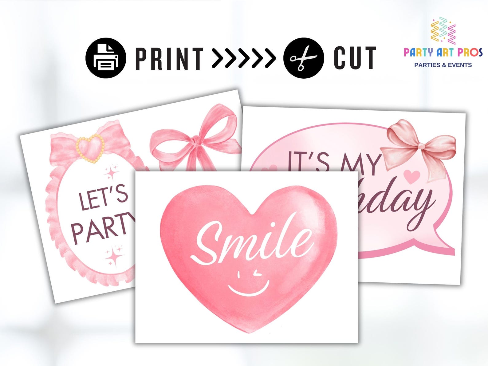 Pink Bow Birthday Photo Booth Props: Girly Party Decor (digital ...