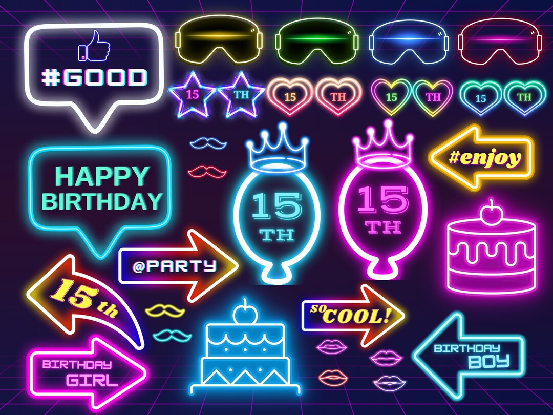 Neon 15th Birthday, Photo Booth Props, Printable 15th Birthday Props, Neon 15th Birthday Photo ...