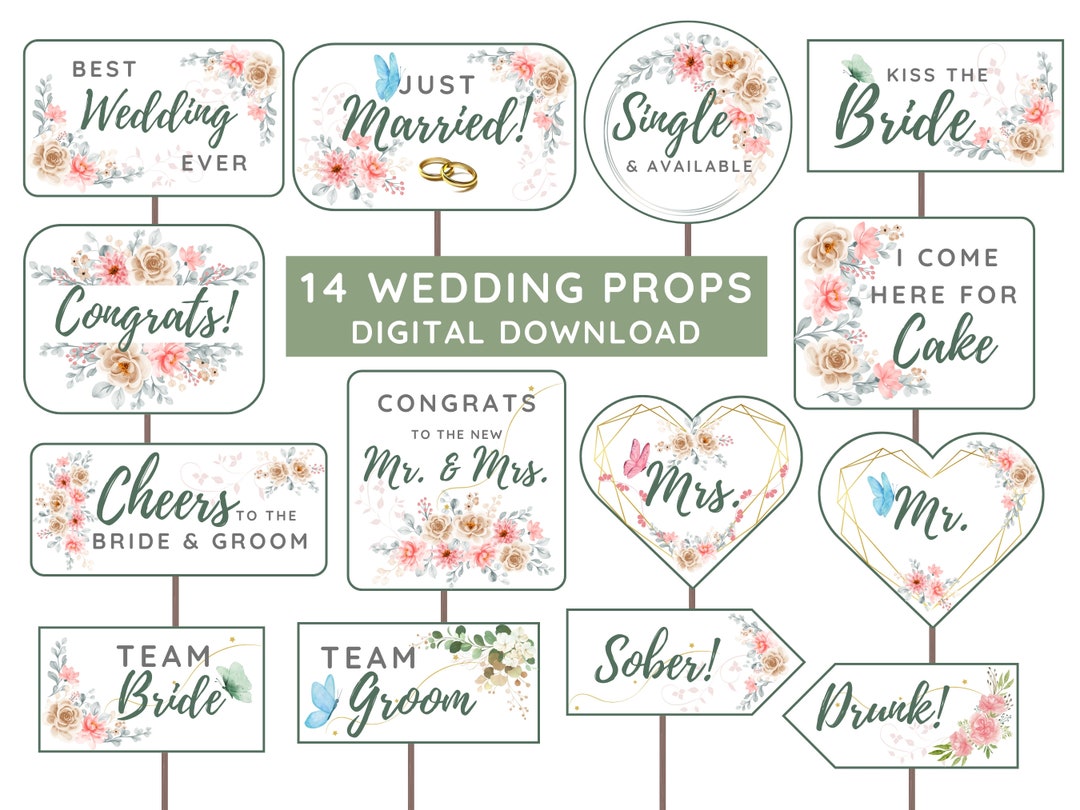 Wedding Props Printable, Elegant Wedding Photo Booth Props, Floral ...