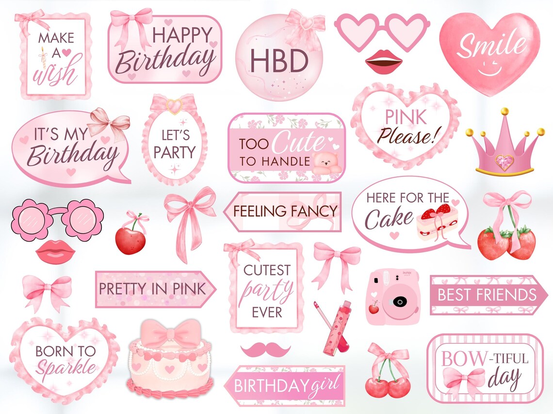 Pink Bow Birthday Photo Booth Props: Girly Party Decor (digital ...