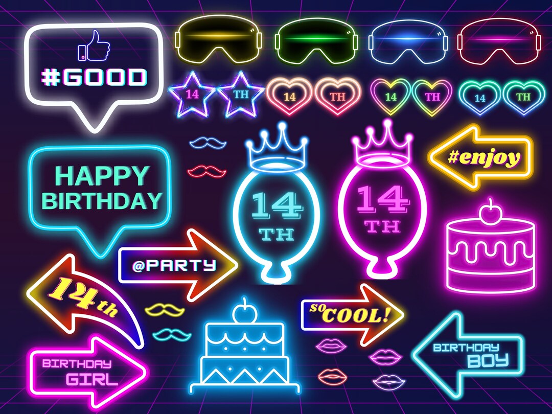 Neon 14th Birthday, Photo Booth Props, Printable 14th Birthday Props ...