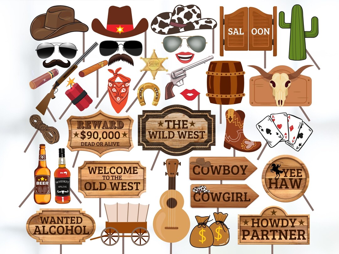 50pcs Western Photobooth Props Printable, Wild West Cowboy Party Props ...