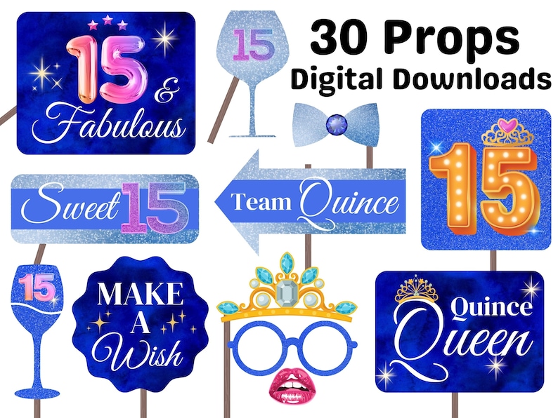 Blue Quinceañera Photo Booth Props, Quince Birthday Party, Sweet 15 ...