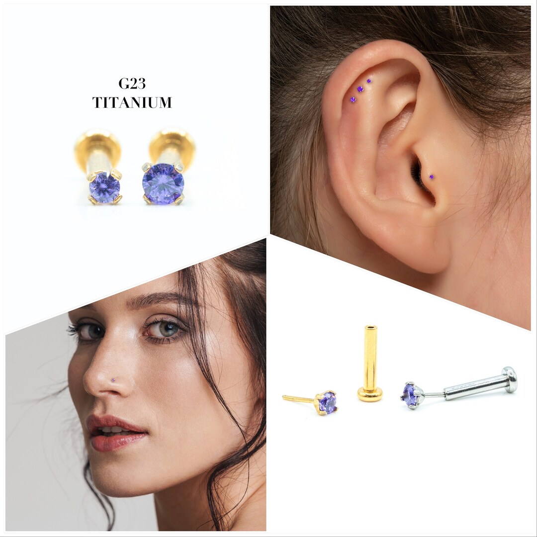 20G/18G/16G 1.5mm-2mm Purple Push Pin Labret • Threadless Flat Back ...