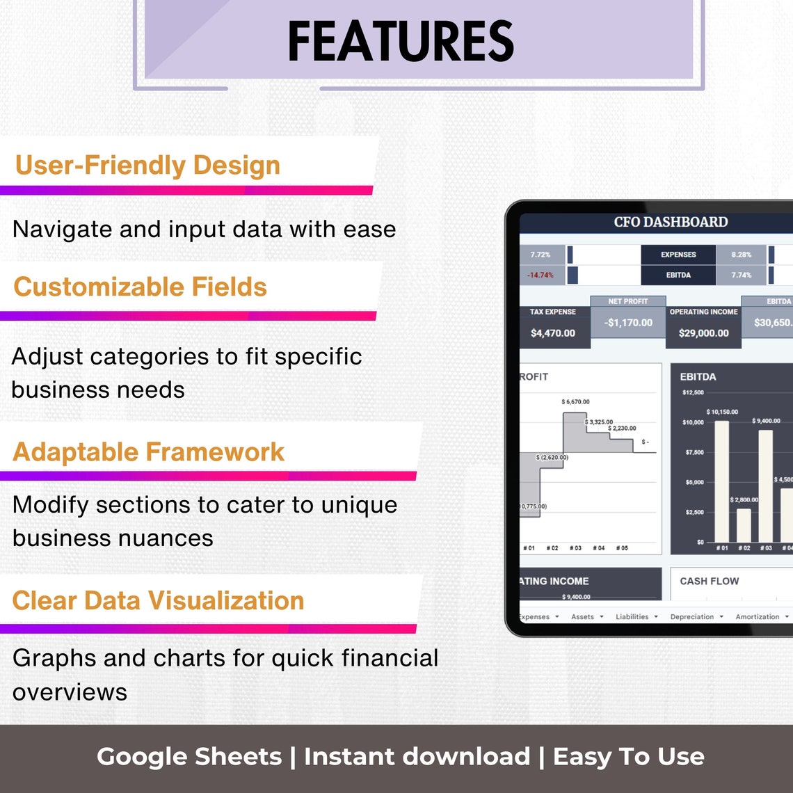 CFO Dashboard Excel Template: Financial Metrics Report (google Sheet/ms ...