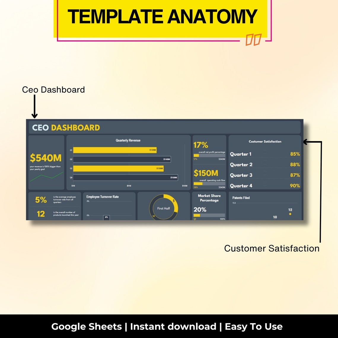 CEO Dashboard Template: Financial Metrics, Business Strategy (excel ...