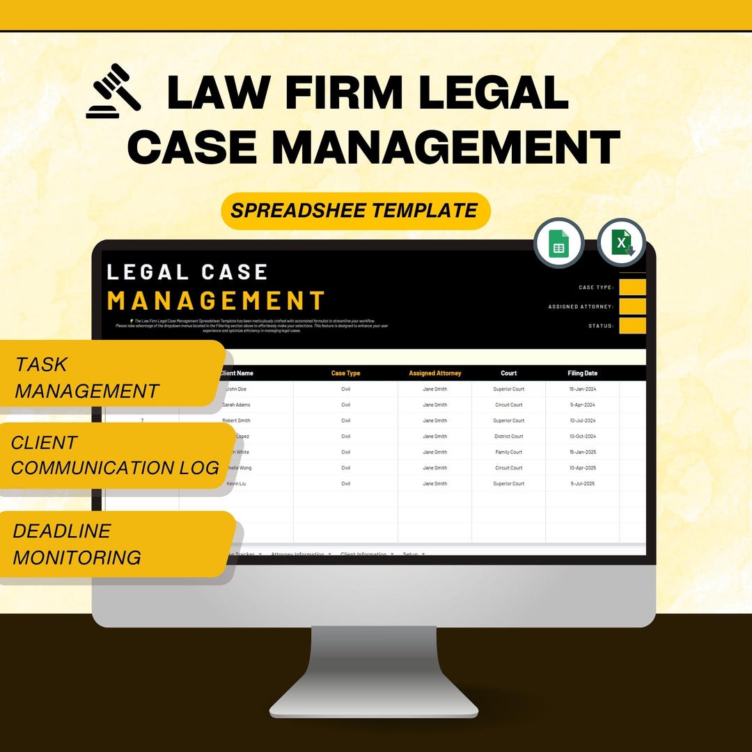 Legal Case Management Spreadsheet: Law Firm Client Tracker (excel ...