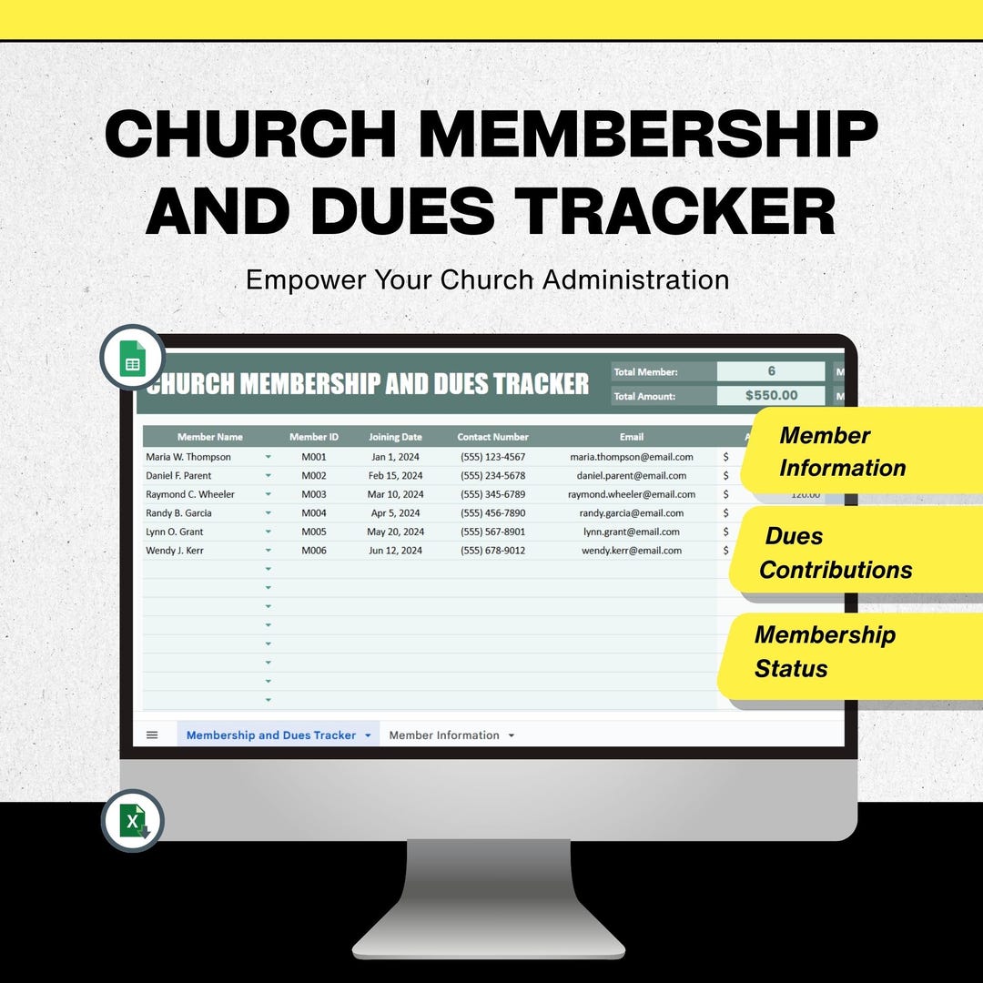Church Membership and Dues Tracker Template, Church Member Database ...