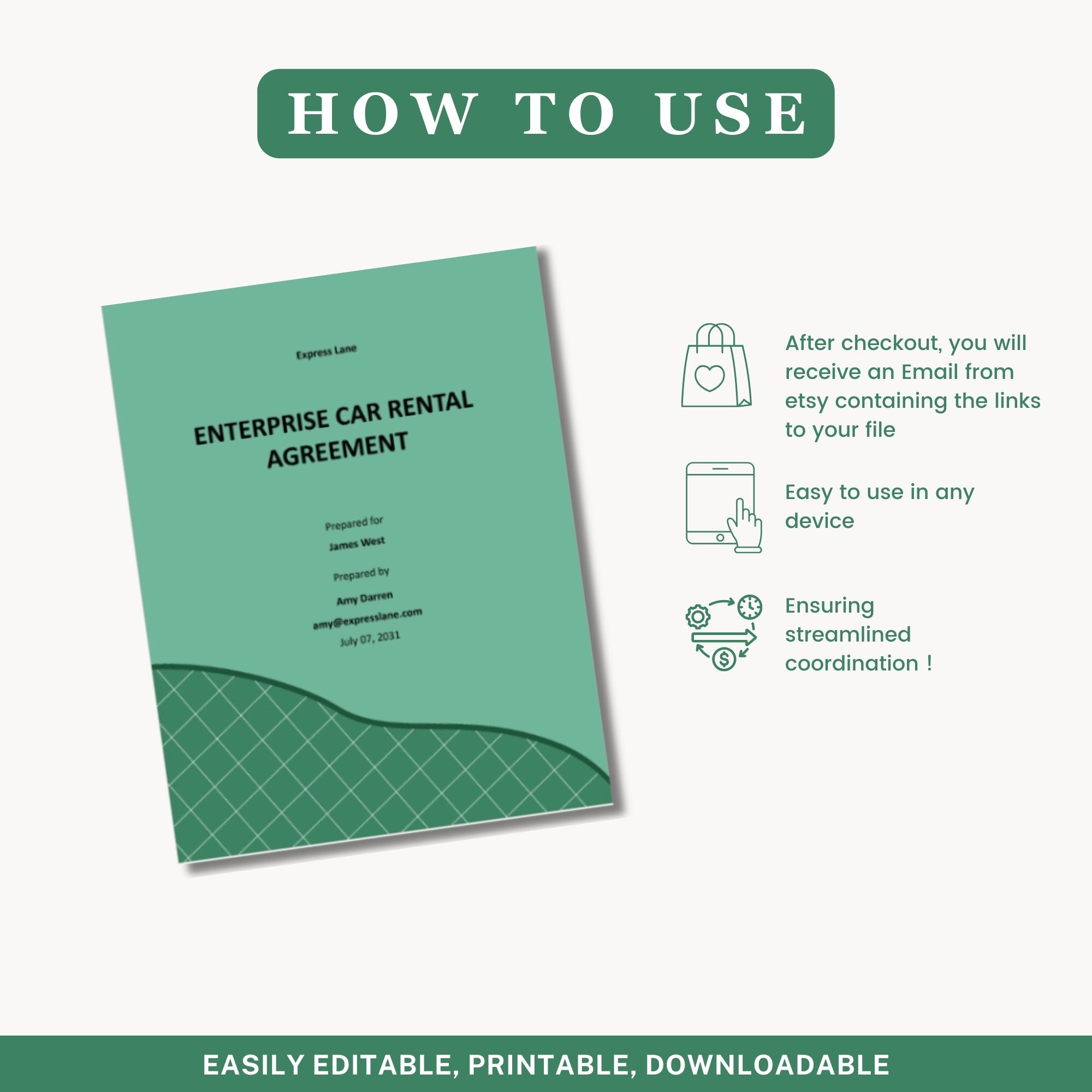 Printable Car Rental Agreement for Enterprise, Editable Vehicle Rental ...