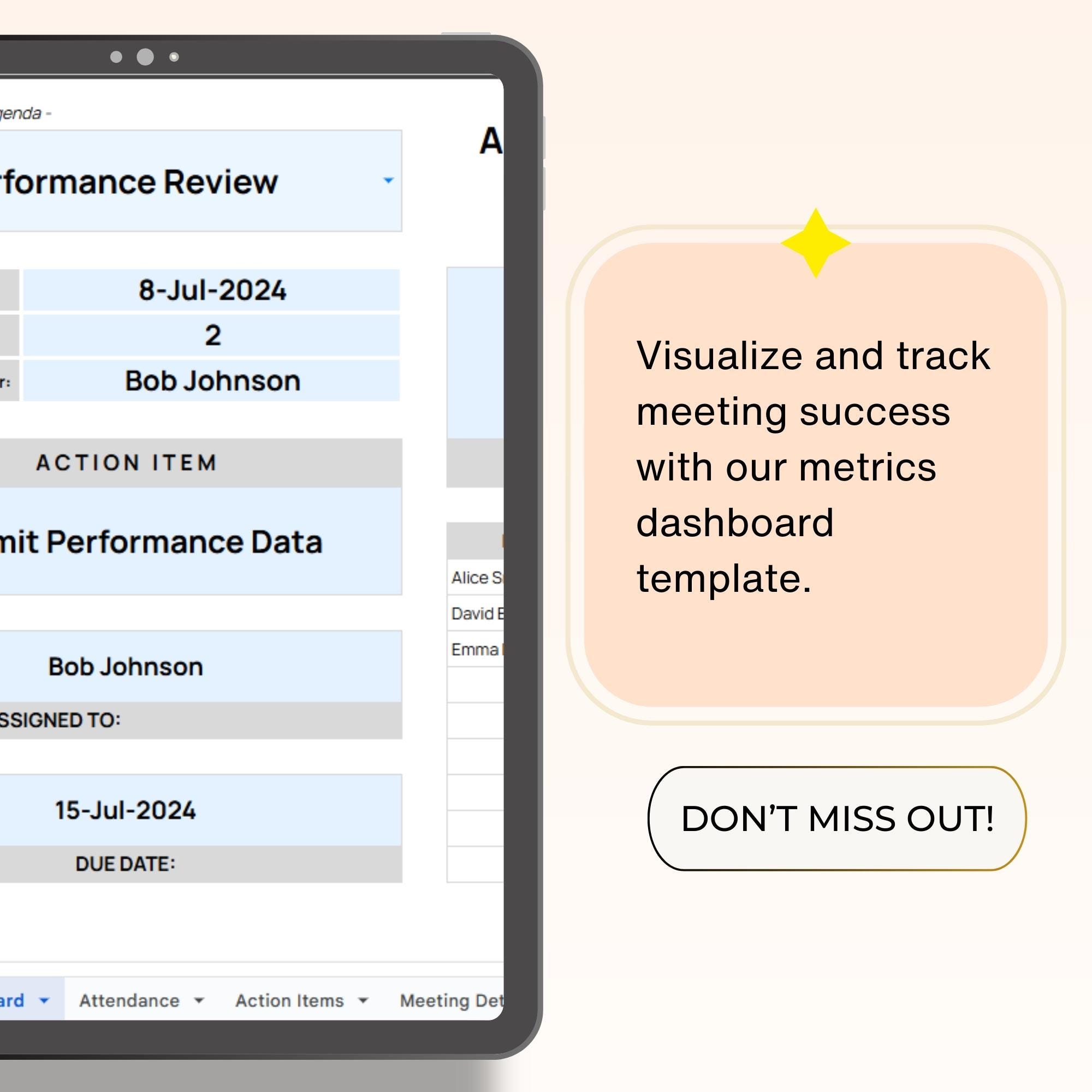 Meeting Outcome Dashboard Template: Excel & Google Sheets (digital ...