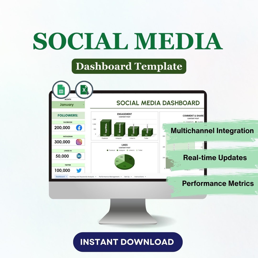 Social Media Dashboard Template: Excel & Google Sheets (digital ...