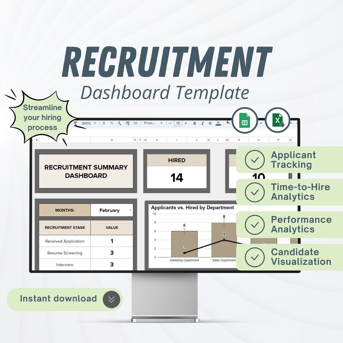 Recruitment Dashboard Template: Applicant Tracking, HR Metrics (excel ...