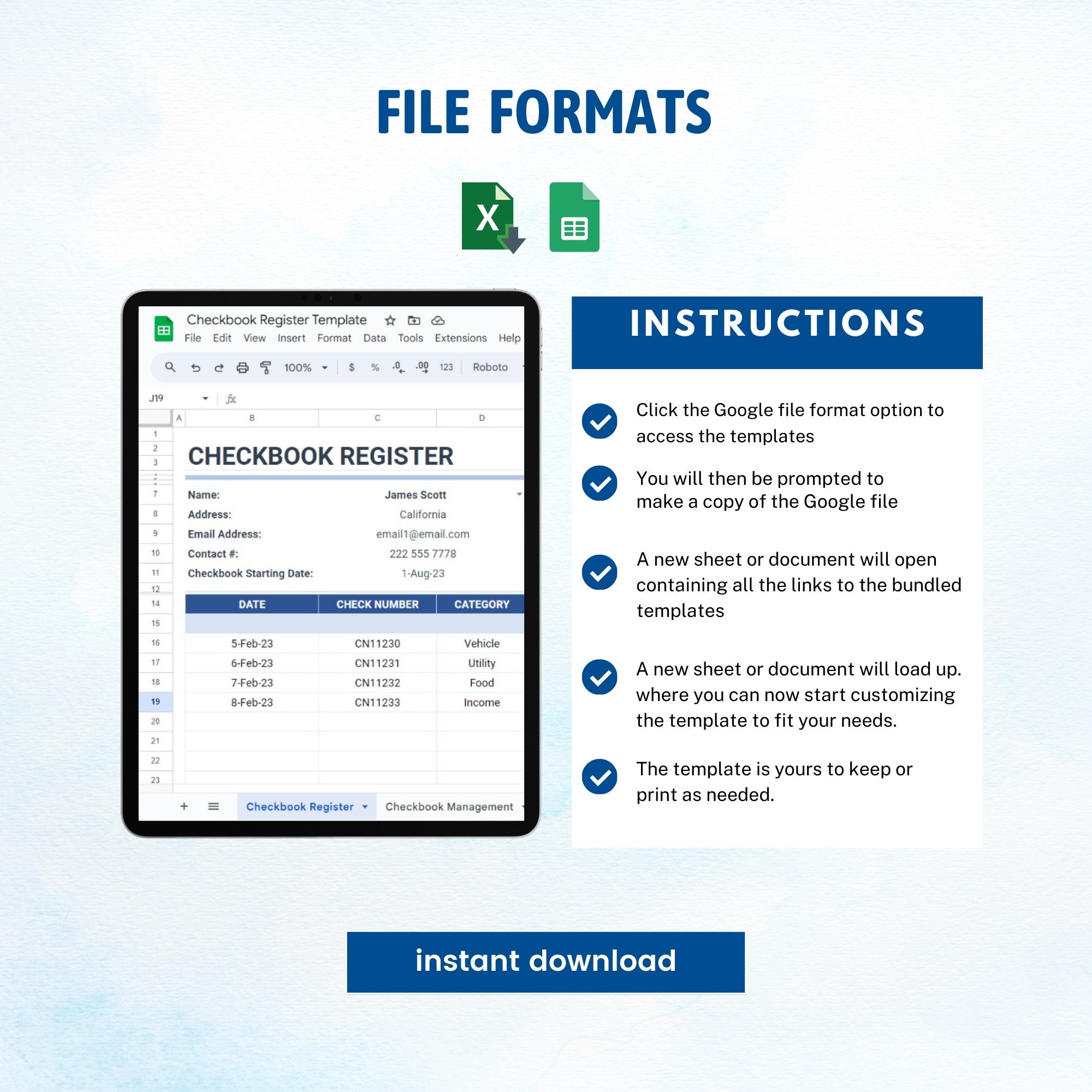 Checkbook Spreadsheet Template: Editable Transaction Register (digital ...