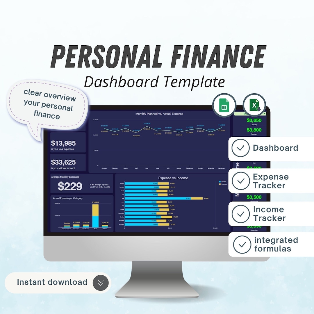 Personal Finance Dashboard Excel Template, Enhance Decision Making, Set ...
