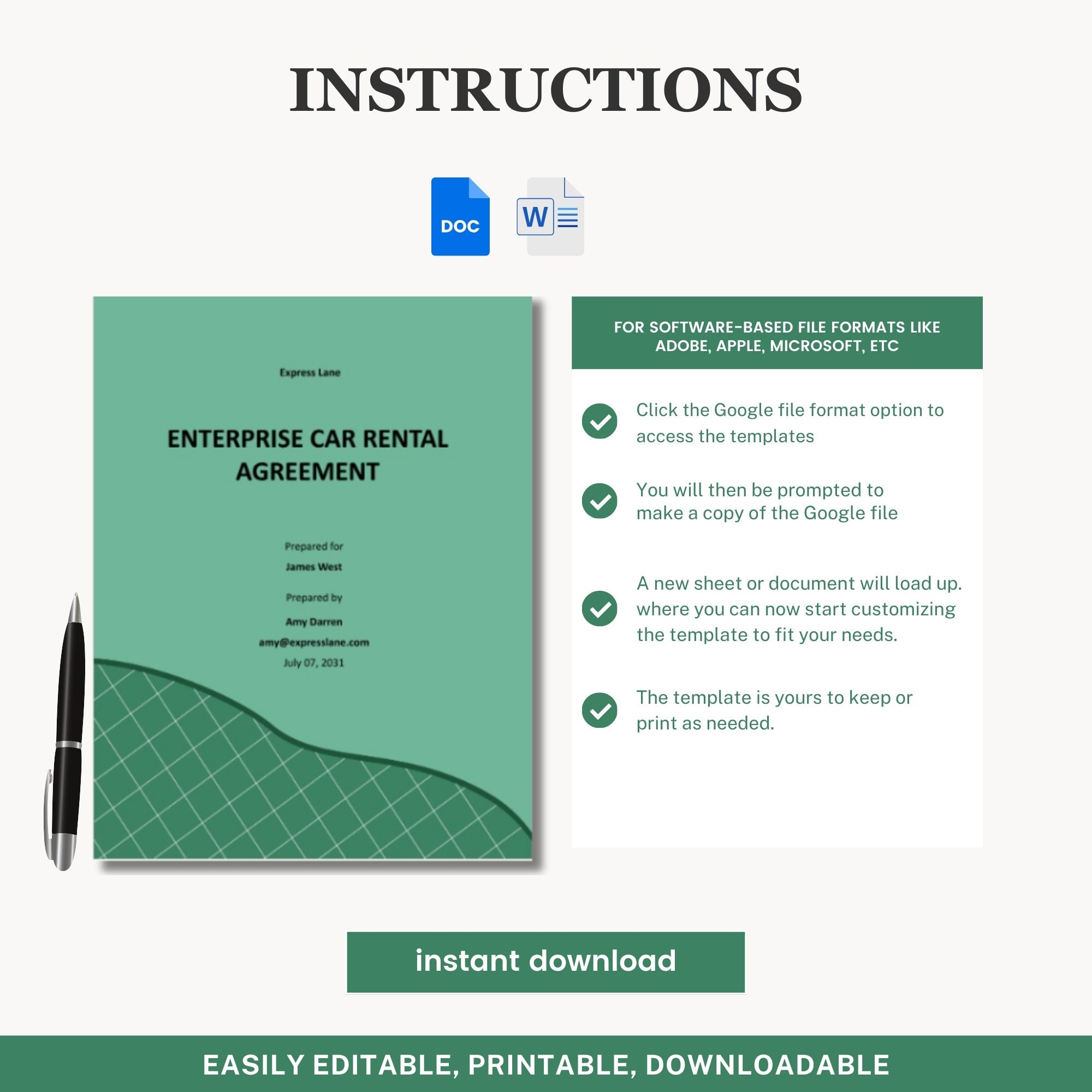 Printable Car Rental Agreement for Enterprise, Editable Vehicle Rental ...