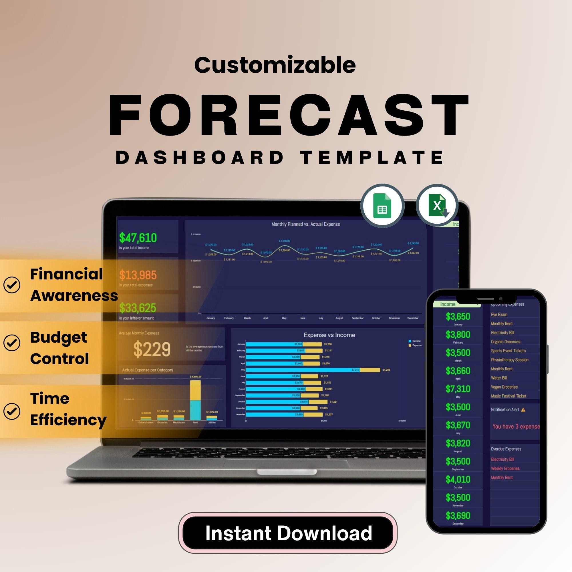 Editable Forecast Excel Dashboard Template, Income Expense Tracker, Metrics Dashboard, Decision ...