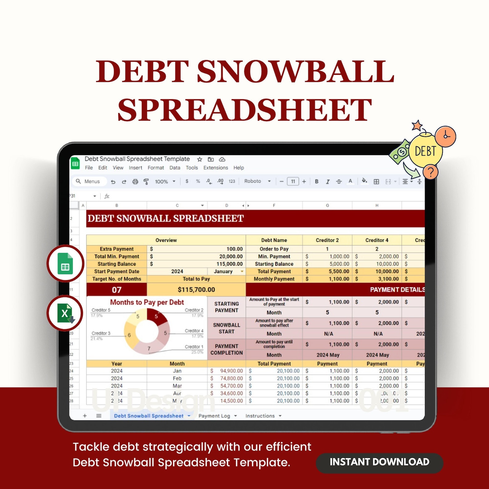 Debt Payoff Spreadsheet Template for Google Sheet, Debt Payoff Tracker ...