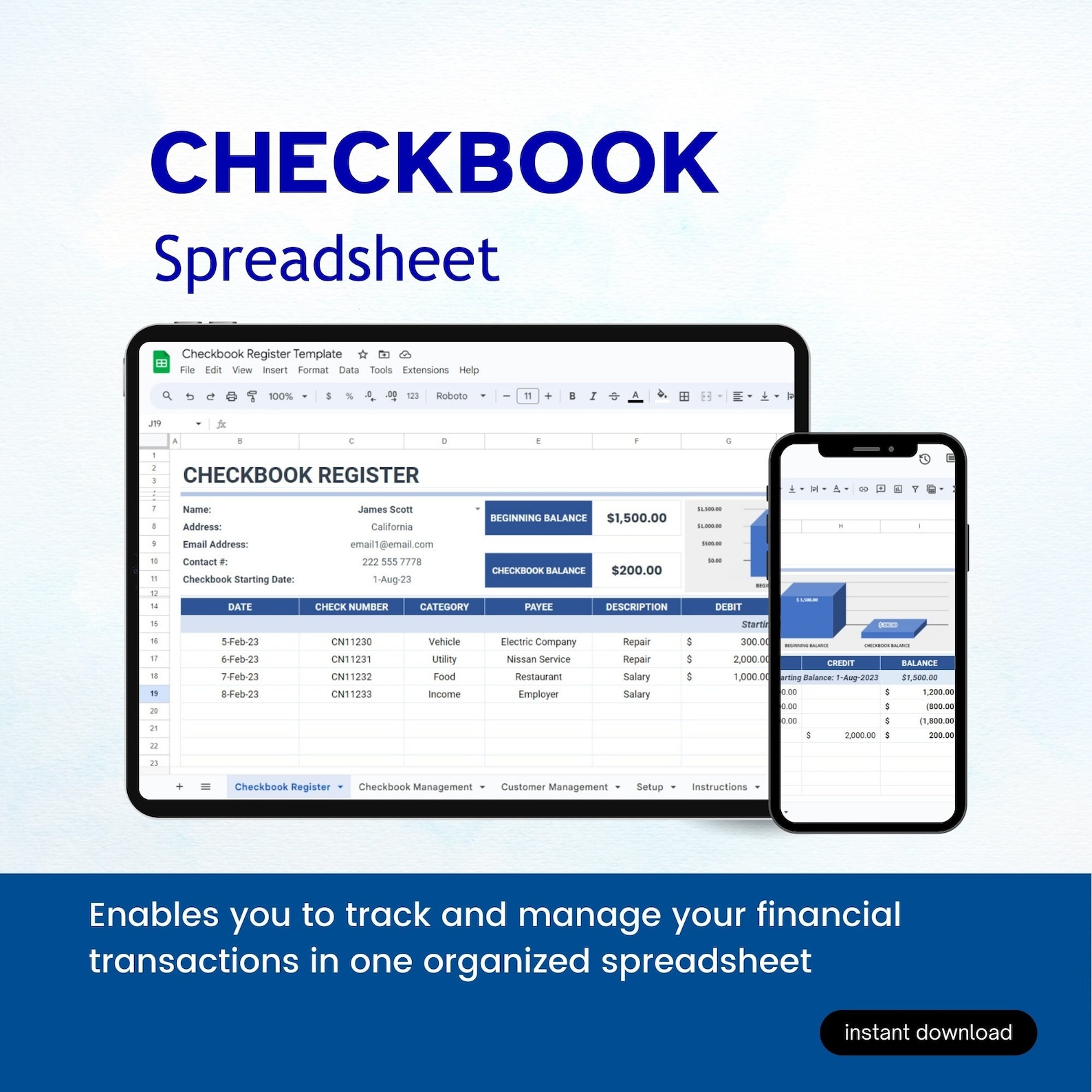 Checkbook Spreadsheet Template: Editable Transaction Register (digital ...