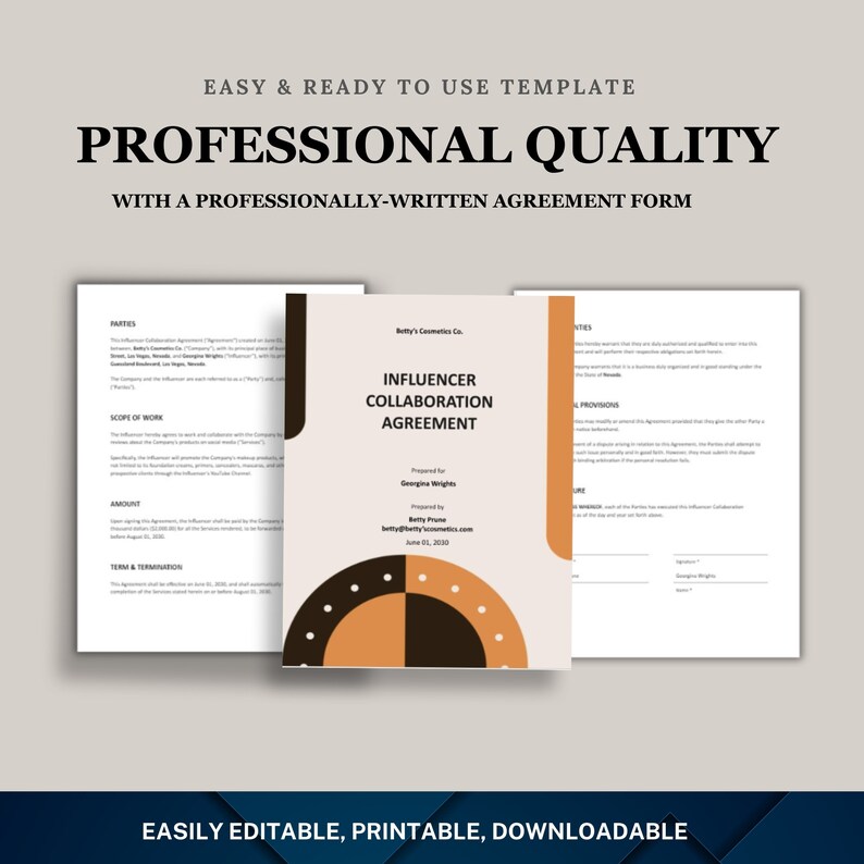 Influencer Agreement Template for Successful Collaboration, Editable ...