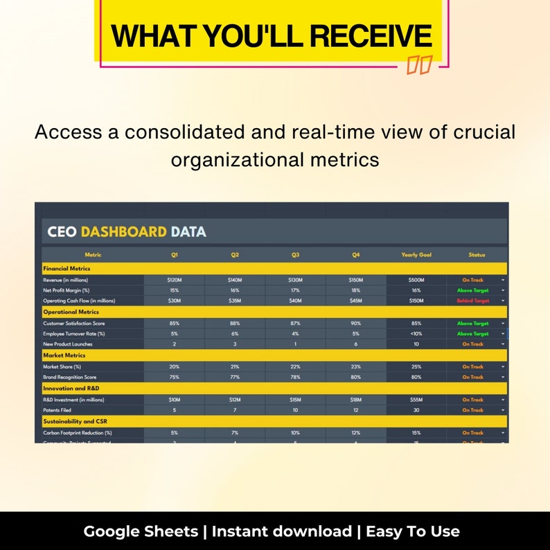 CEO Dashboard Template: Financial Metrics, Business Strategy (excel ...