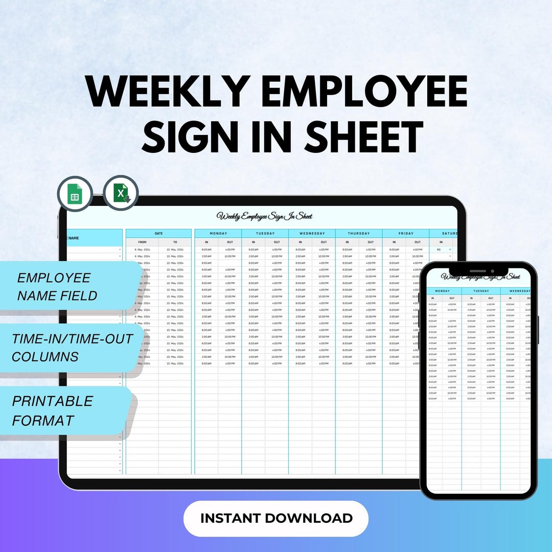 Weekly Employee Sign in Sheet Template (digital Download) - Etsy