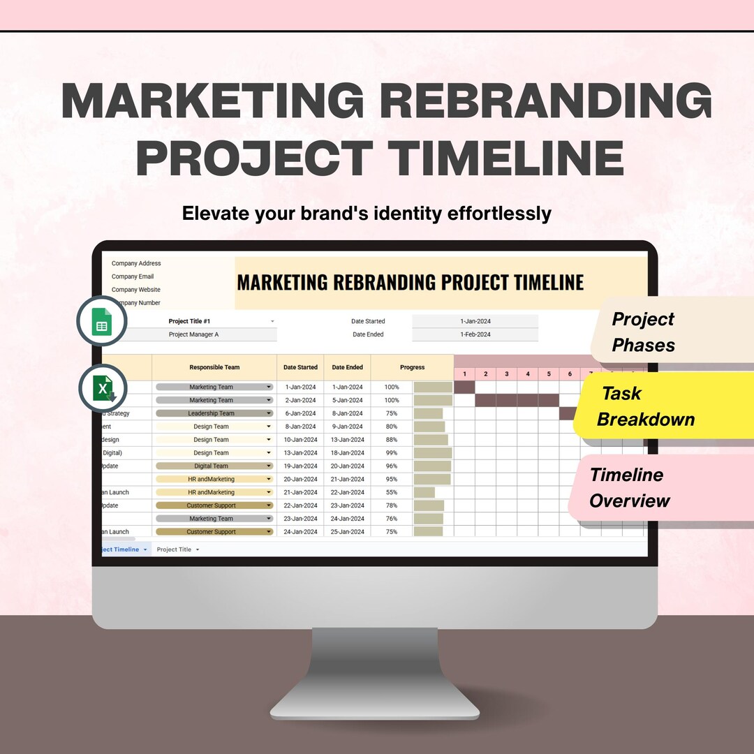 Marketing Rebranding Timeline: Project Launch Plan (excel/sheets) - Etsy