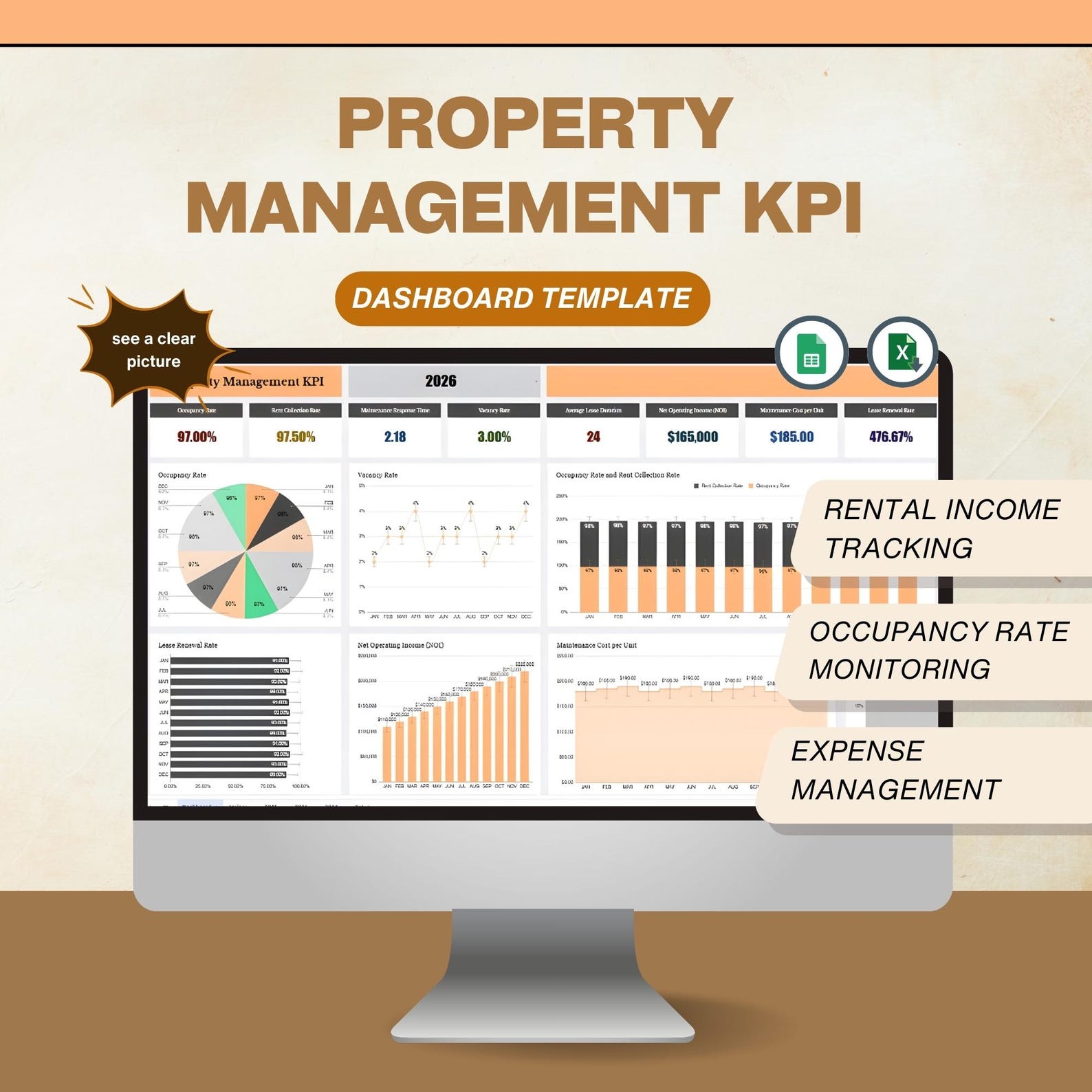 Property Management KPI Excel Dashboard: Rental Income Tracker (digital ...