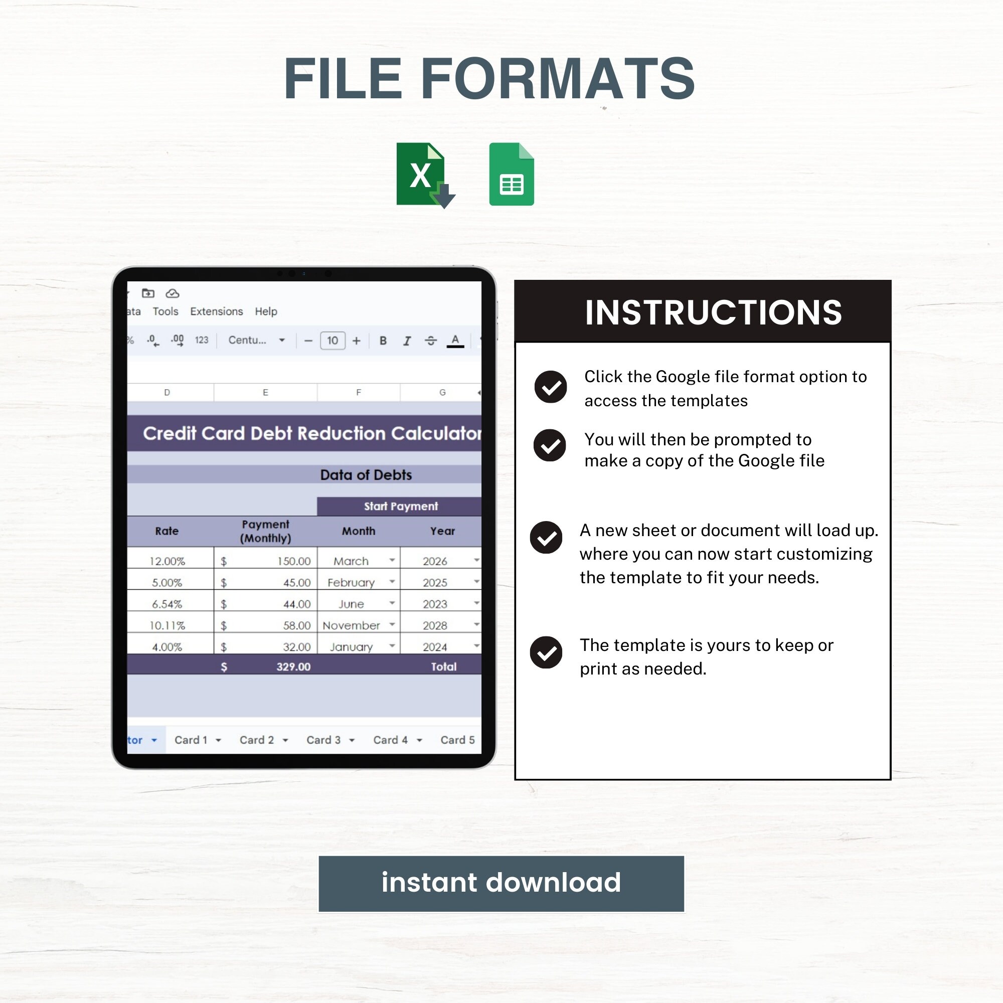 Debt Reduction Calculator Spreadsheet for Credit Cards, Editable Debt ...