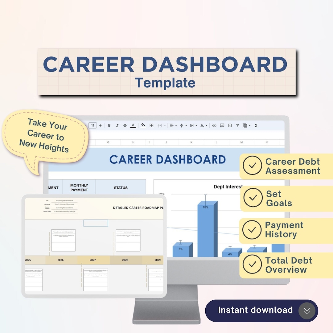 Career Dashboard Spreadsheet Template: Goal Tracker, Roadmap (digital ...