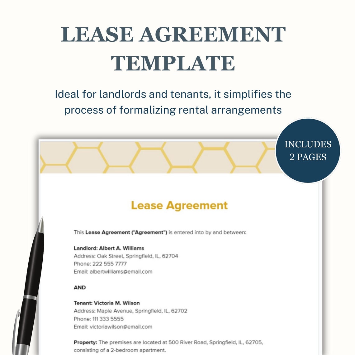 Printable Lease Agreement Template for Landlords and Tenants, Easy to ...