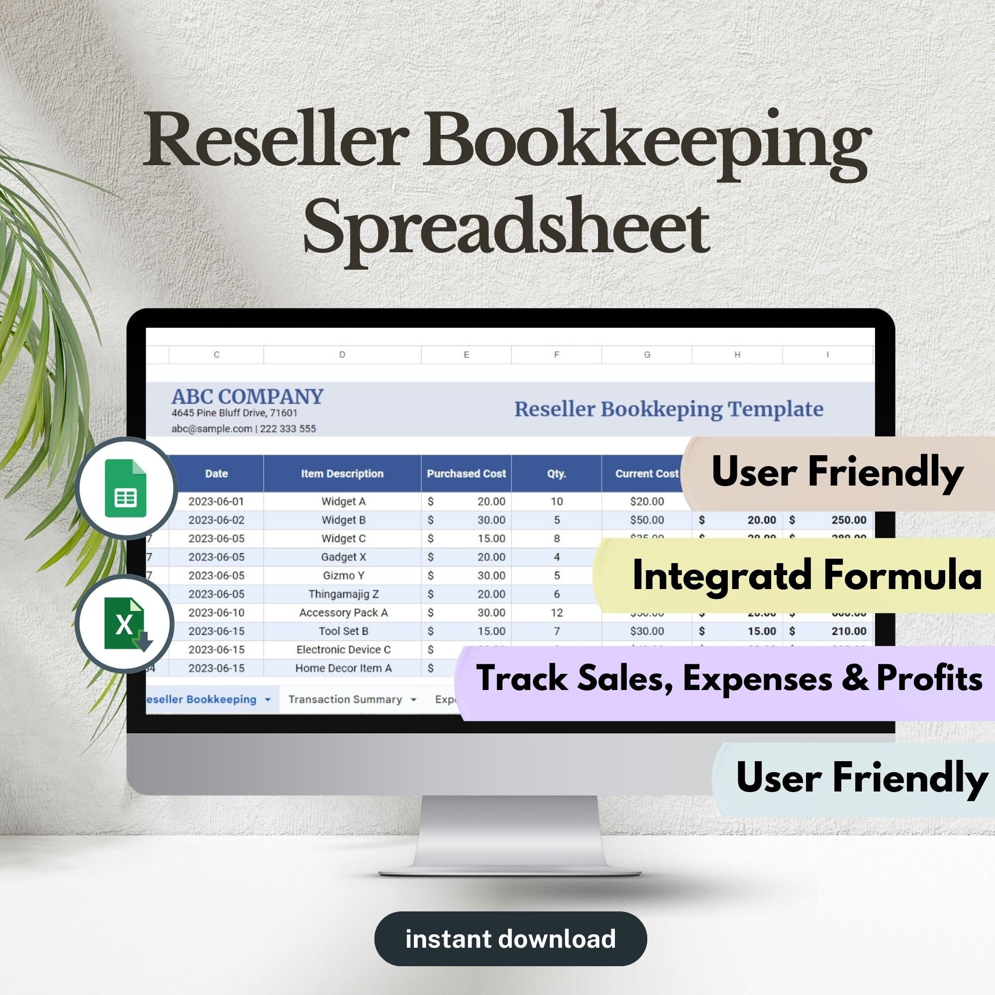 Reseller Bookkeeping Spreadsheet Template: Editable Business Expense ...