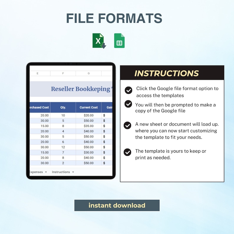 Reseller Bookkeeping Spreadsheet Template: Editable Business Expense ...