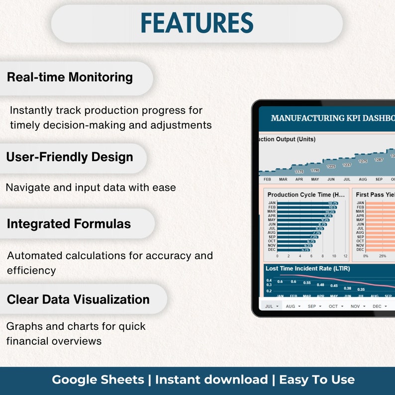 Manufacturing KPI Dashboard Excel Template: Production Analytics ...