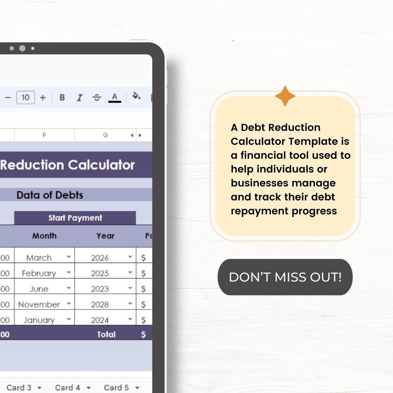 Debt Reduction Calculator Spreadsheet for Credit Cards, Editable Debt ...