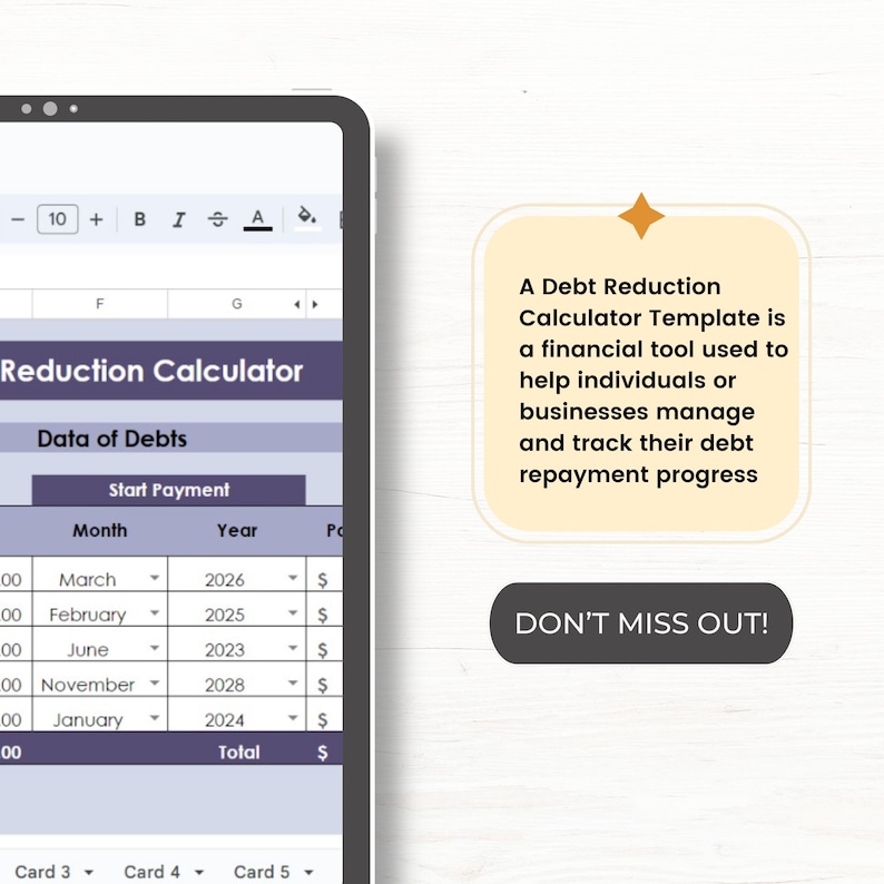 Debt Reduction Calculator Spreadsheet for Credit Cards, Editable Debt ...