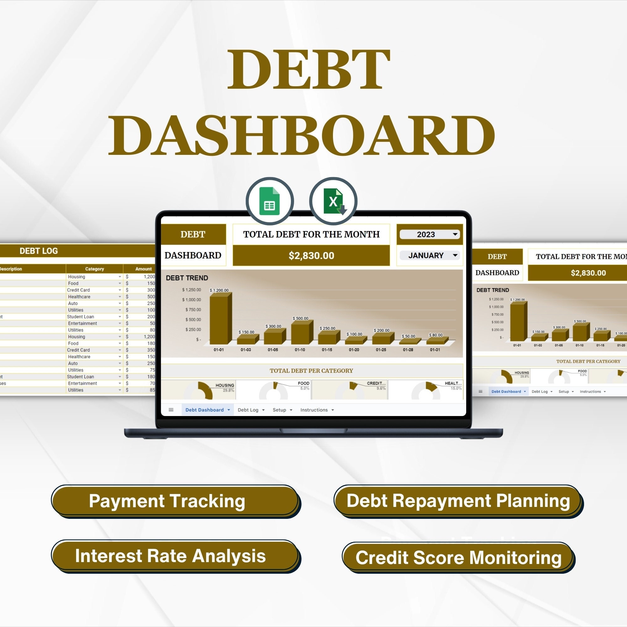 Debt Dashboard Excel Template, Debt Management, Debt Payoff Tracker ...