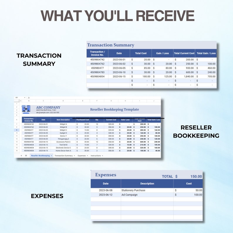 Reseller Bookkeeping Spreadsheet Template: Editable Business Expense ...