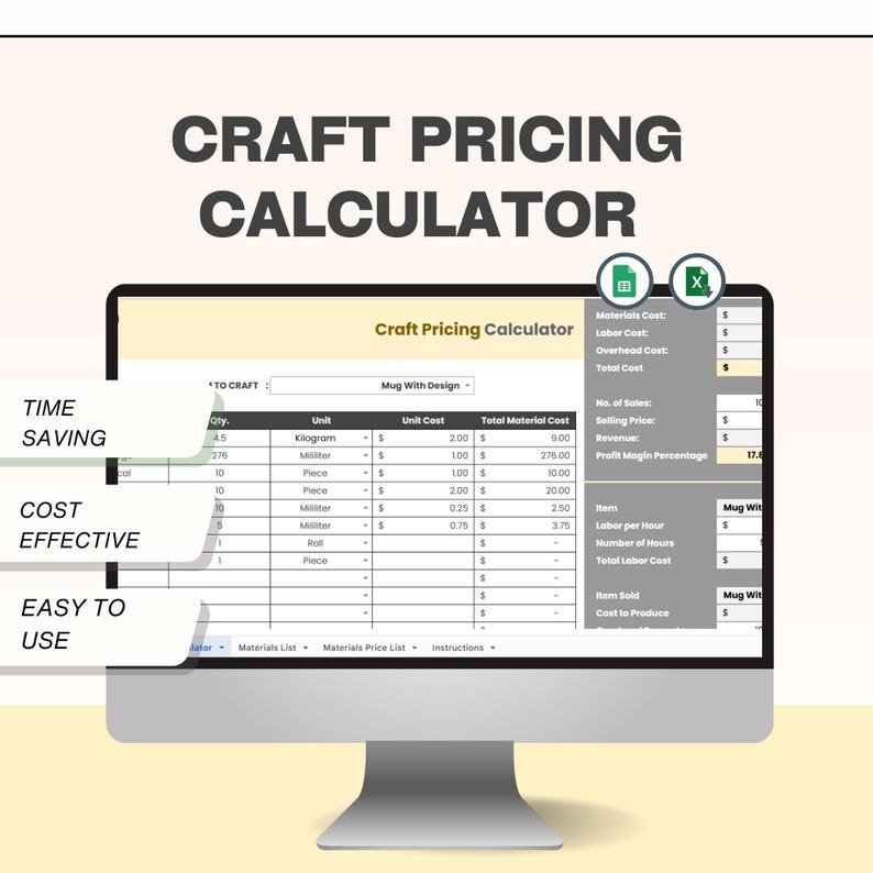 Craft Pricing Calculator: Excel & Google Sheets Template (digital ...