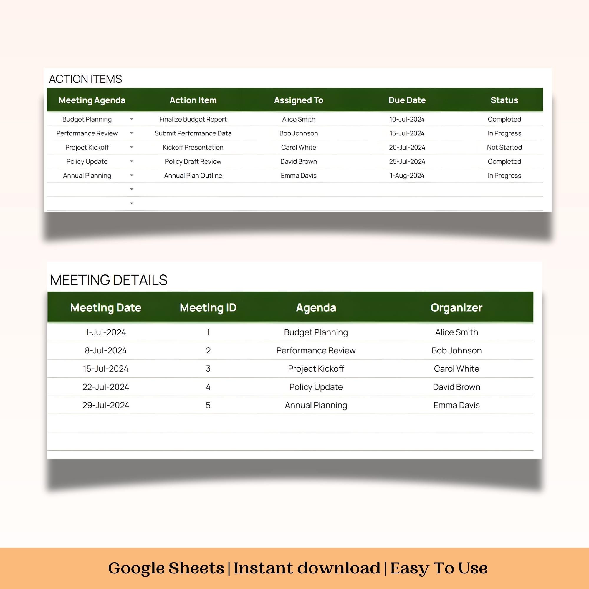 Meeting Outcome Dashboard Template: Excel & Google Sheets (digital ...