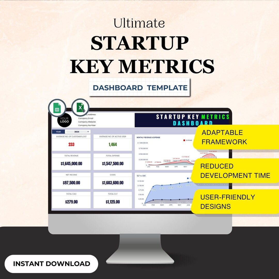 Startup Key Metrics Dashboard Template: Excel & Google Sheets (digital ...