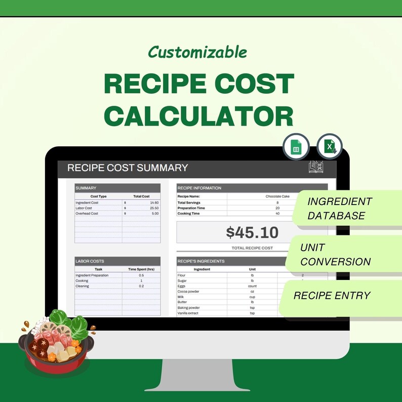 Recipe Cost Calculator: Excel & Google Sheets Template (digital ...