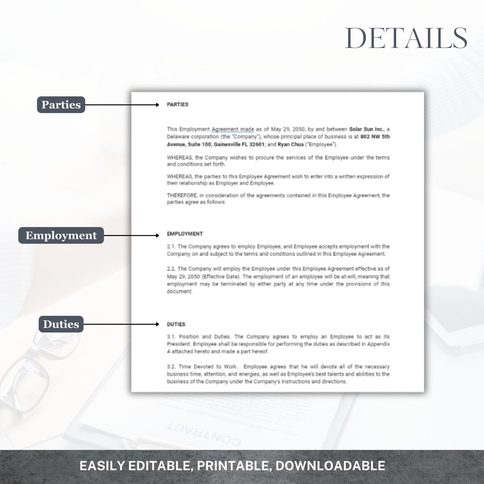 Professional Employment Contract Template, Editable Employment ...