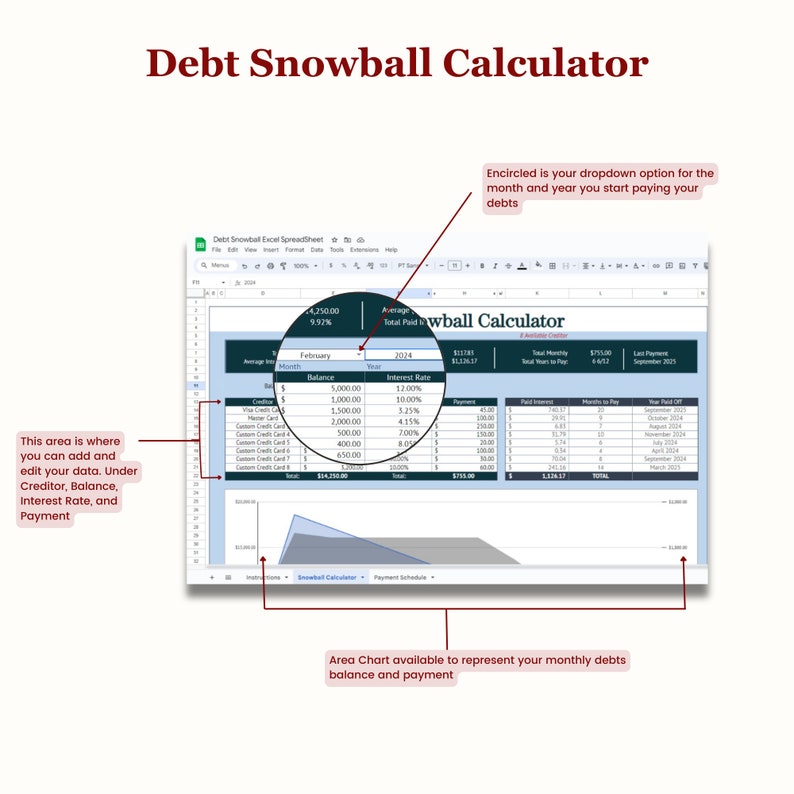 Debt Payoff Spreadsheet Template for Google Sheet, Debt Payoff Tracker, Debt Snowball Calculator ...