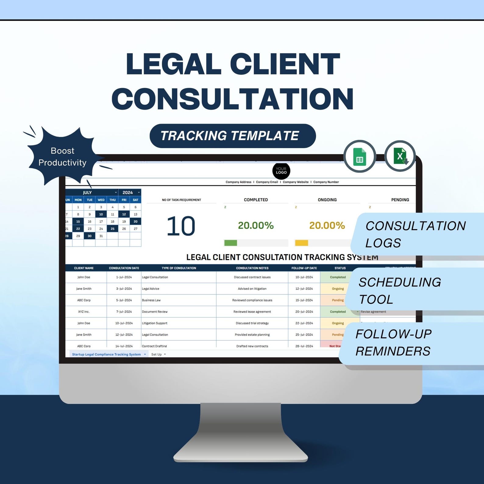 Law Firm Client Tracker Excel Template | Consultation Logs Scheduling ...